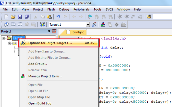 Create New Keil Project for ARM7 LPC2148